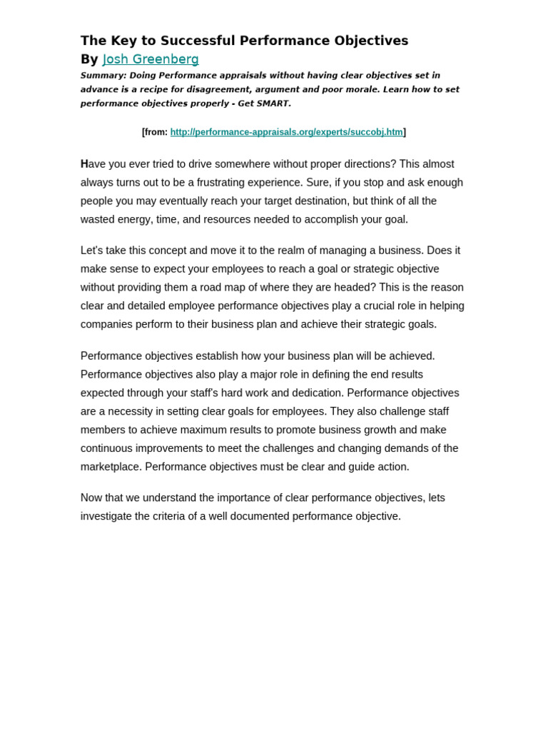 SMART Performance Objectives Guide | PDF | Goal | Performance Appraisal