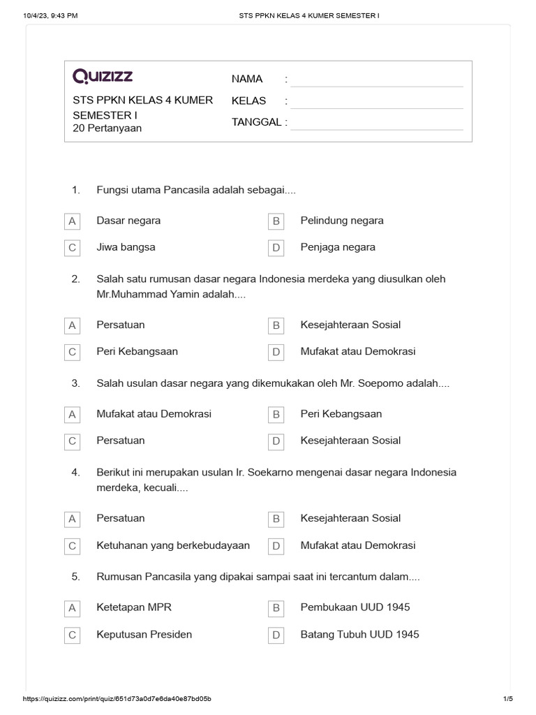 STS PPKN Kelas 4 Kumer Semester I | PDF