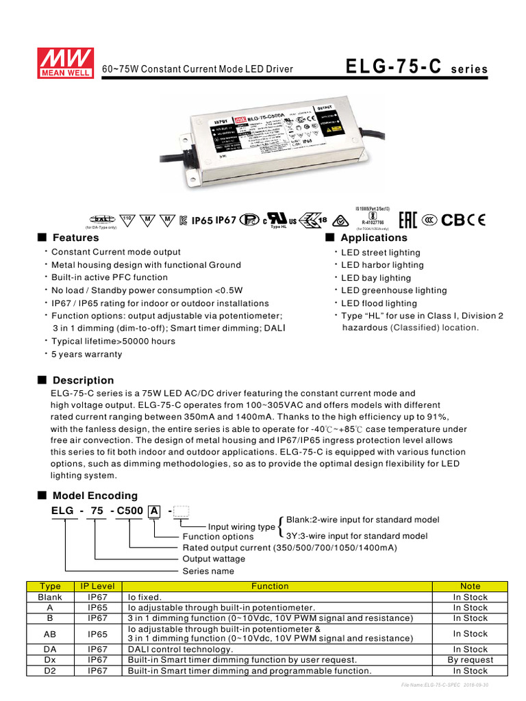 75W Constant Current LED Driver ELG-75-C | PDF | Rectifier | Light ...