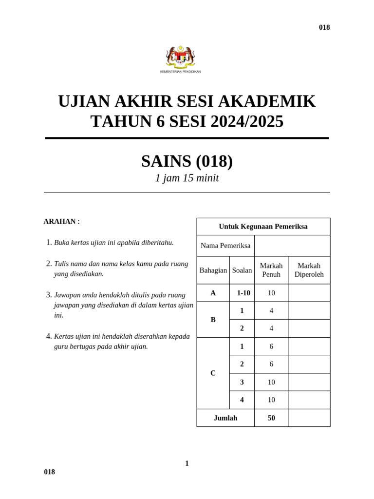 Template Uasa Sains Tahun 6 | PDF