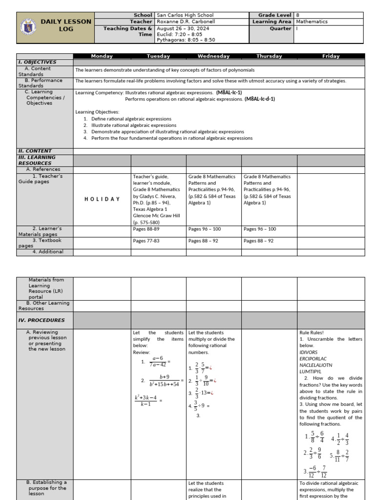 Grade 8 Math Lesson Plan: Rational Expressions | PDF | Factorization ...