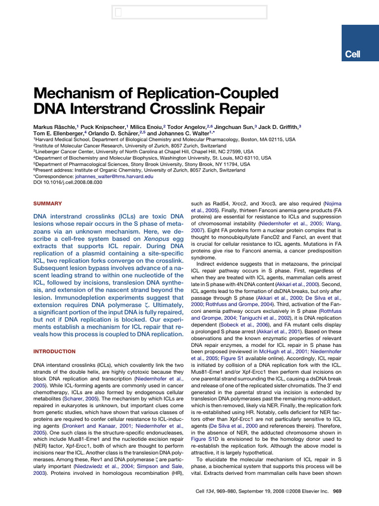 Mechanism of Replication Coupled DNA Interstrand C | PDF | Dna Repair ...
