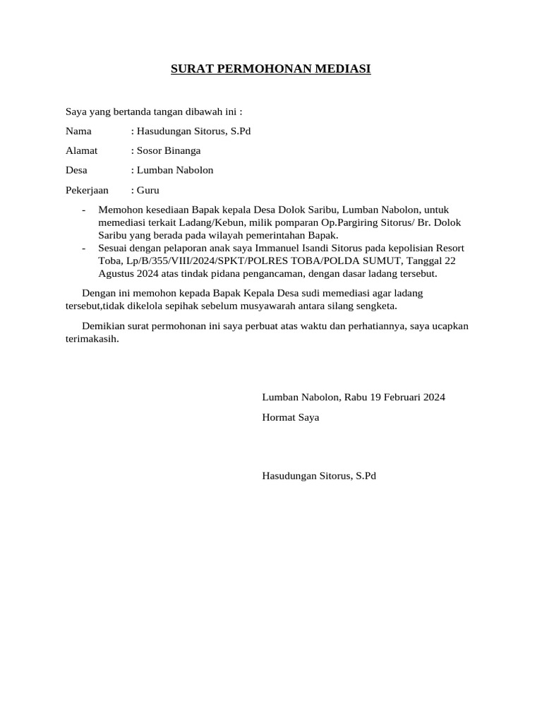 Surat Permohonan Mediasi Kepsek | PDF