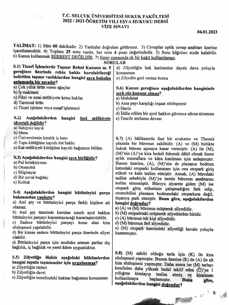 Eşya Hukuku 2025 Vize Örnek Sorular | PDF