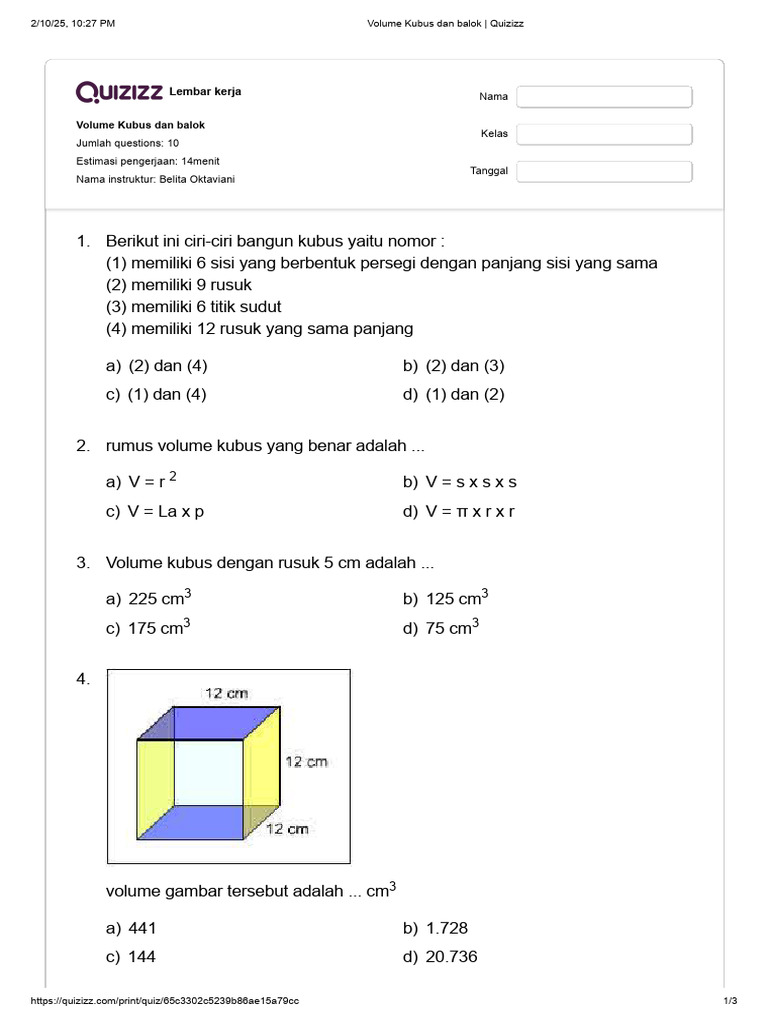 Volume Kubus Dan Balok - Quizizz | PDF