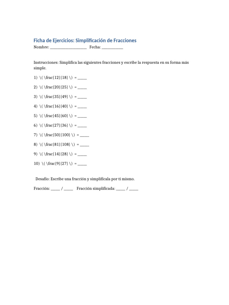 Ficha Simplificacion Fracciones | PDF