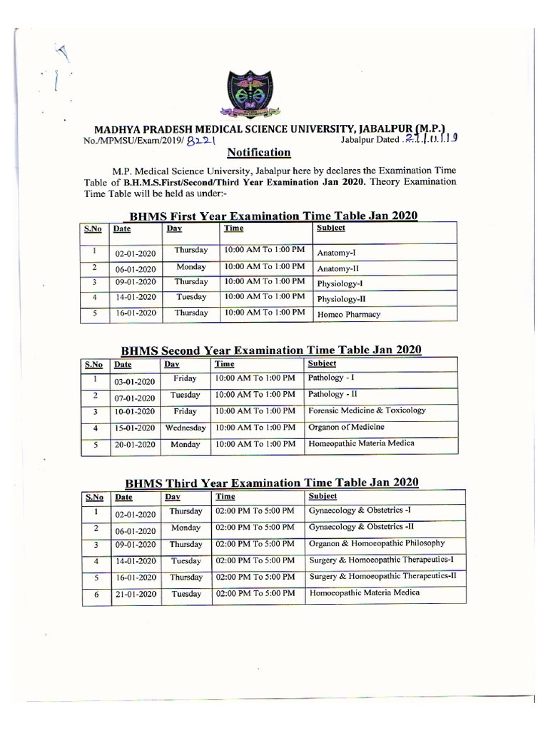 BHMS 1st, 2nd and 3rd Year Time Table | PDF