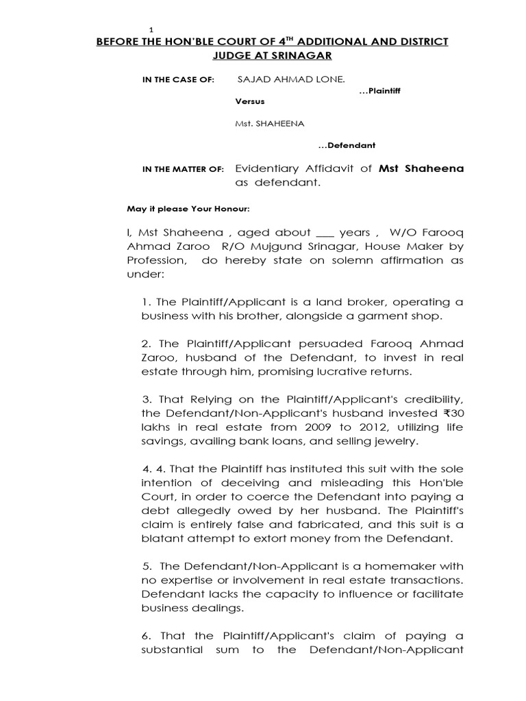 Sajad Ahmad Lone Vs Shaheena Case Defendant Witness Affidavit | PDF | Lawsuit | Affidavit
