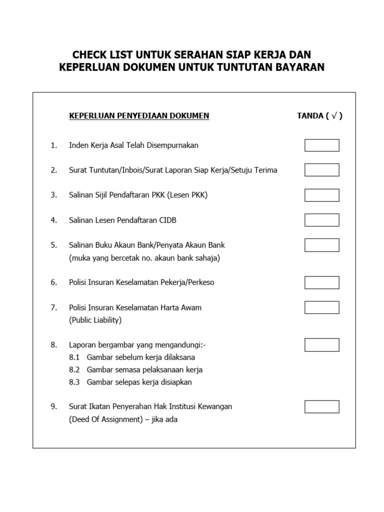 Check List Inden & Sebutharga Untuk Serahan Siap Kerja | PDF