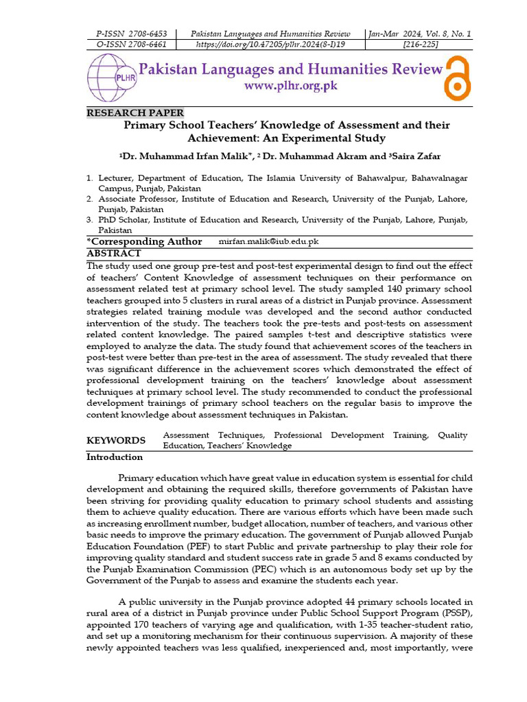 Primary School Teachers' Knowledge of Assessment and Their Achievement ...