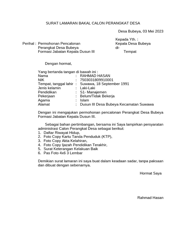 Surat Lamaran Bakal Calon Perangkat Desa | PDF