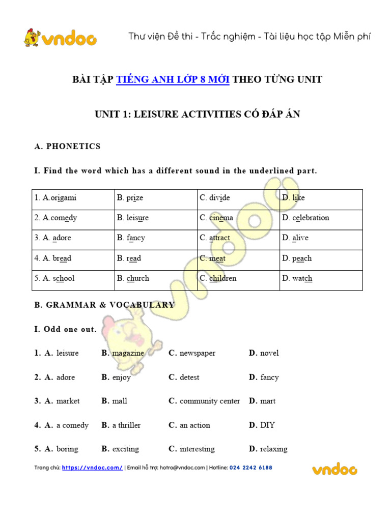 De On Tap Tieng Anh Lop 8 Moi Unit 1 Leisure Activities 2 | PDF | Shower