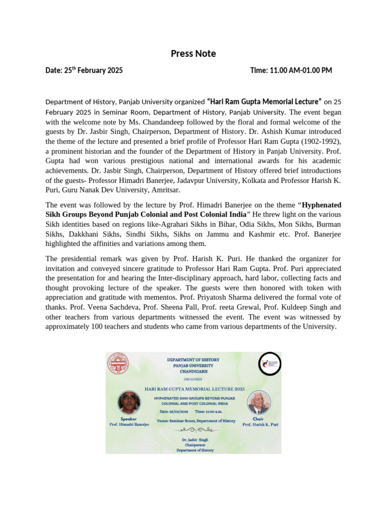 Press Note-Hari Ram Gupta Memorial Lecture 2025 | PDF