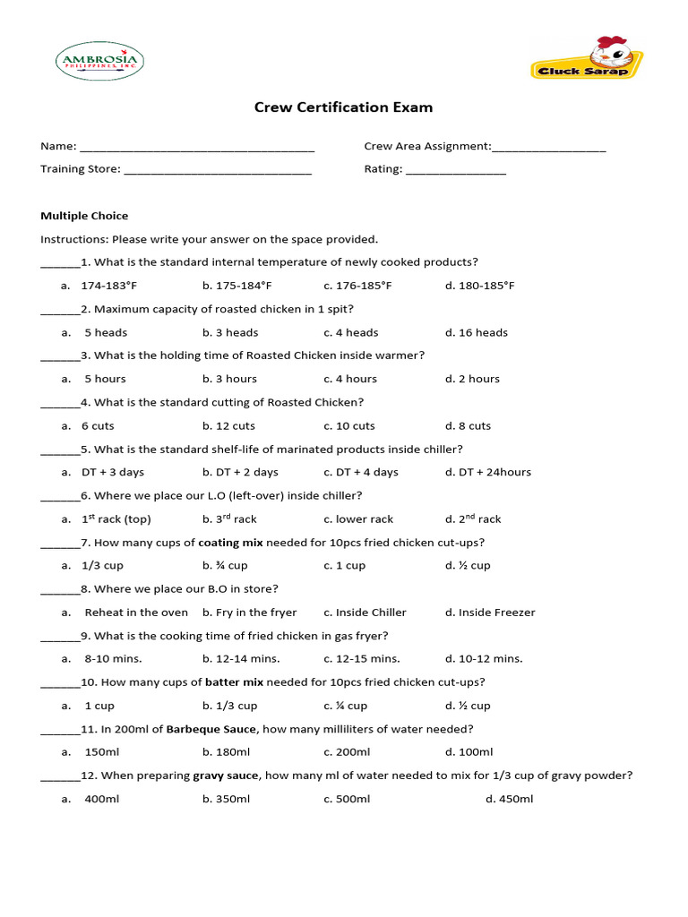 Crew Certification Exam Guide | PDF | Roasting | Cooking