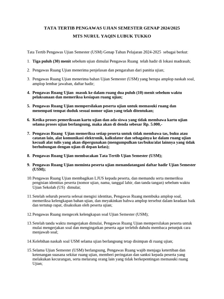 TATA TERTIB PENGAWAS UJIAN SEMESTER Ganjil 2024-2025 - Copy | PDF