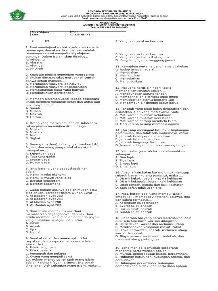 Soal Ujian UAS Fikih Kelas 9 | PDF