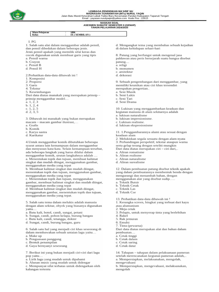 Soal ujian UAS SBK kelas 9 - Copy | PDF