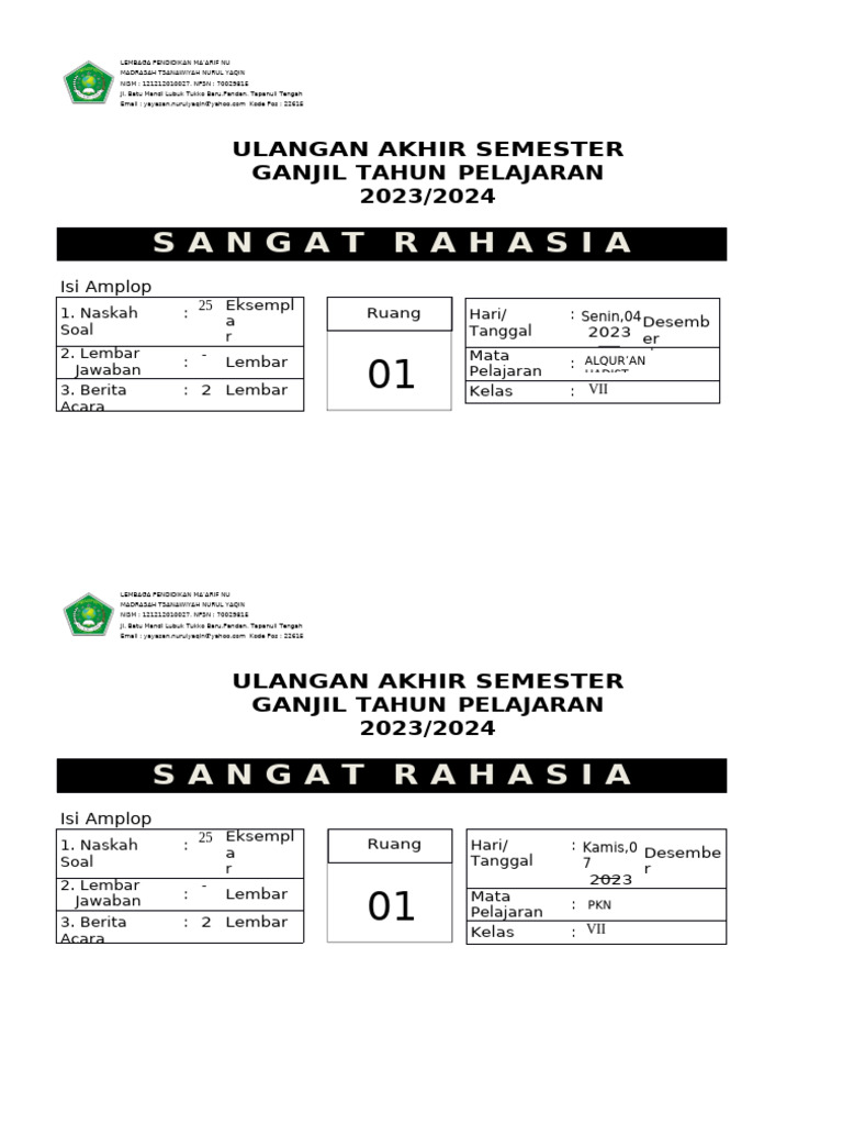 Amplop Depan Naskah Soal Kelas 7 FIX | PDF