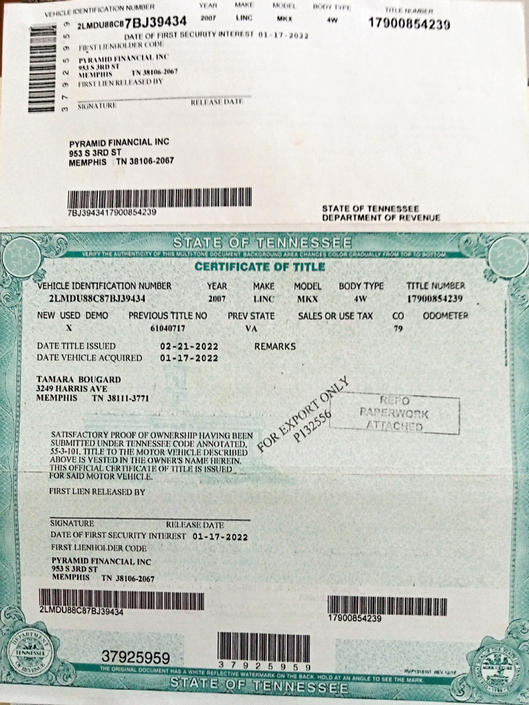 Tennessee Vehicle Title Certificate | PDF