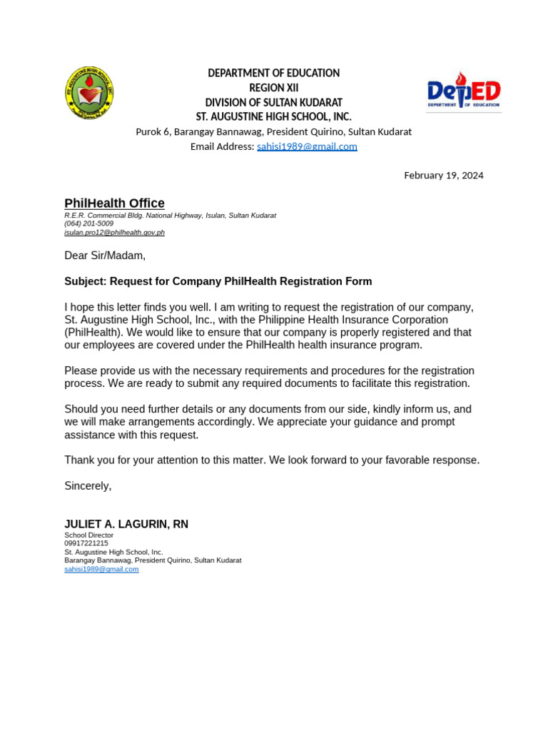 PhilHealth Registration Request for School | PDF