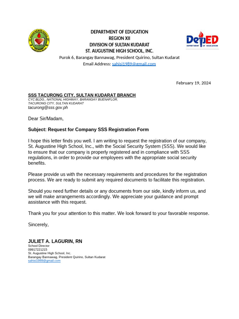 Request for SSS Registration Form | PDF