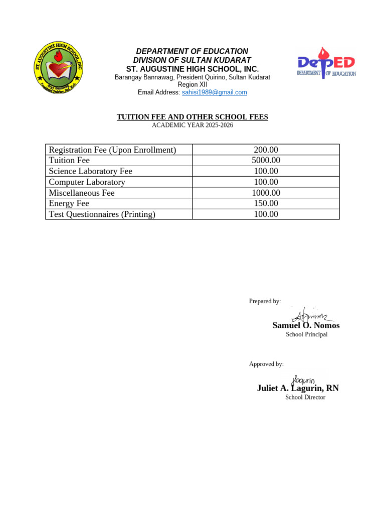 St. Augustine High School Fees 2025-2026 | PDF
