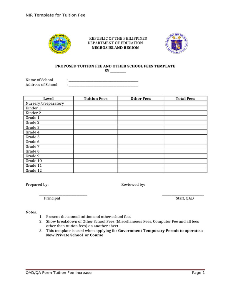 Tuition Fee Template for Schools | PDF | Education Economics ...