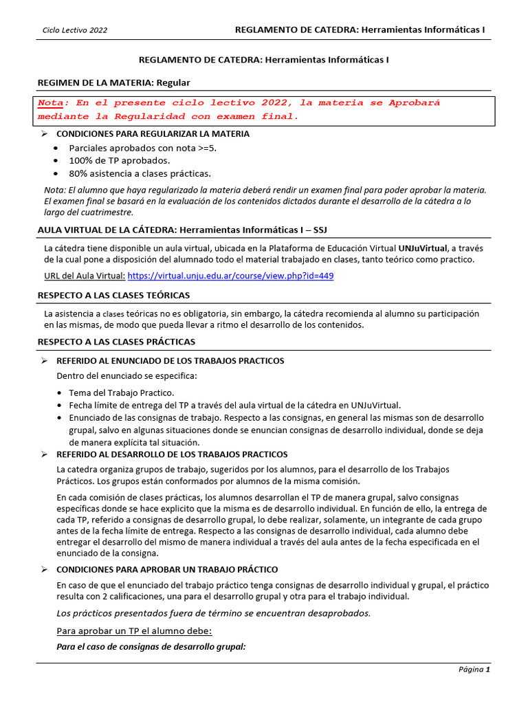 REGLAMENTO DE CATEDRA HI1 SSJ | PDF