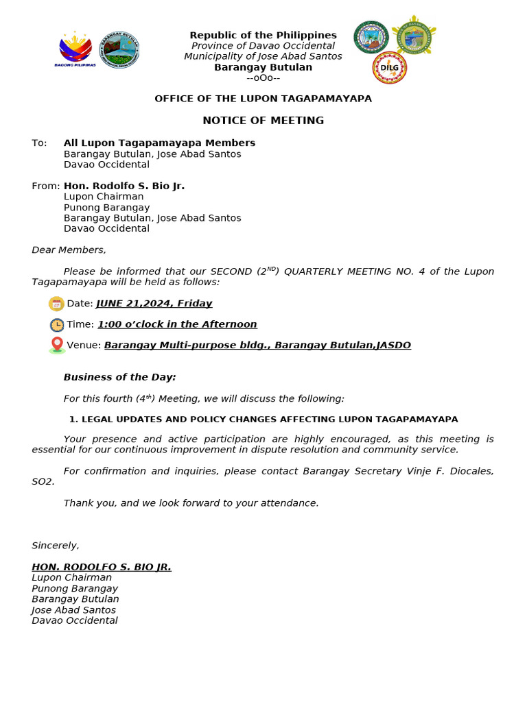 Lupon Tagapamayapa Meeting Notice | PDF