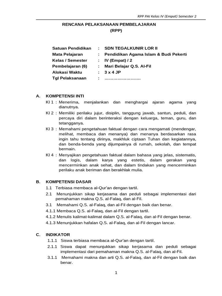 RPP Pai Kelas 4 Semester 2 | PDF