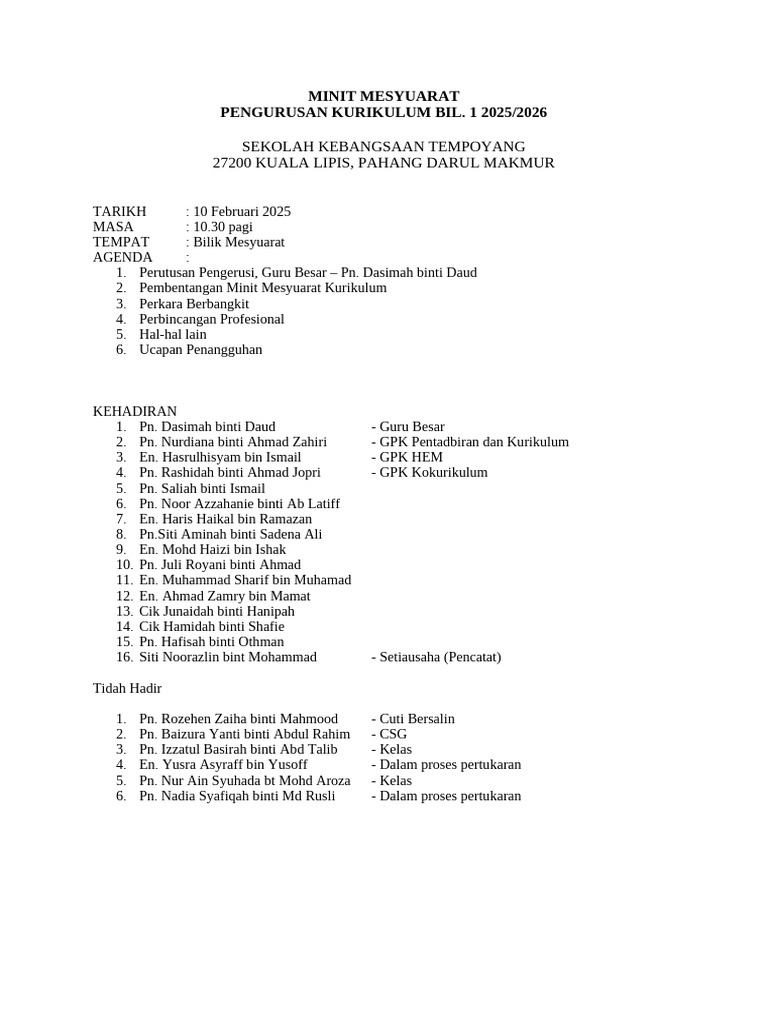 Minit Mesyuarat Kurikulum Bil 1 2025 | PDF