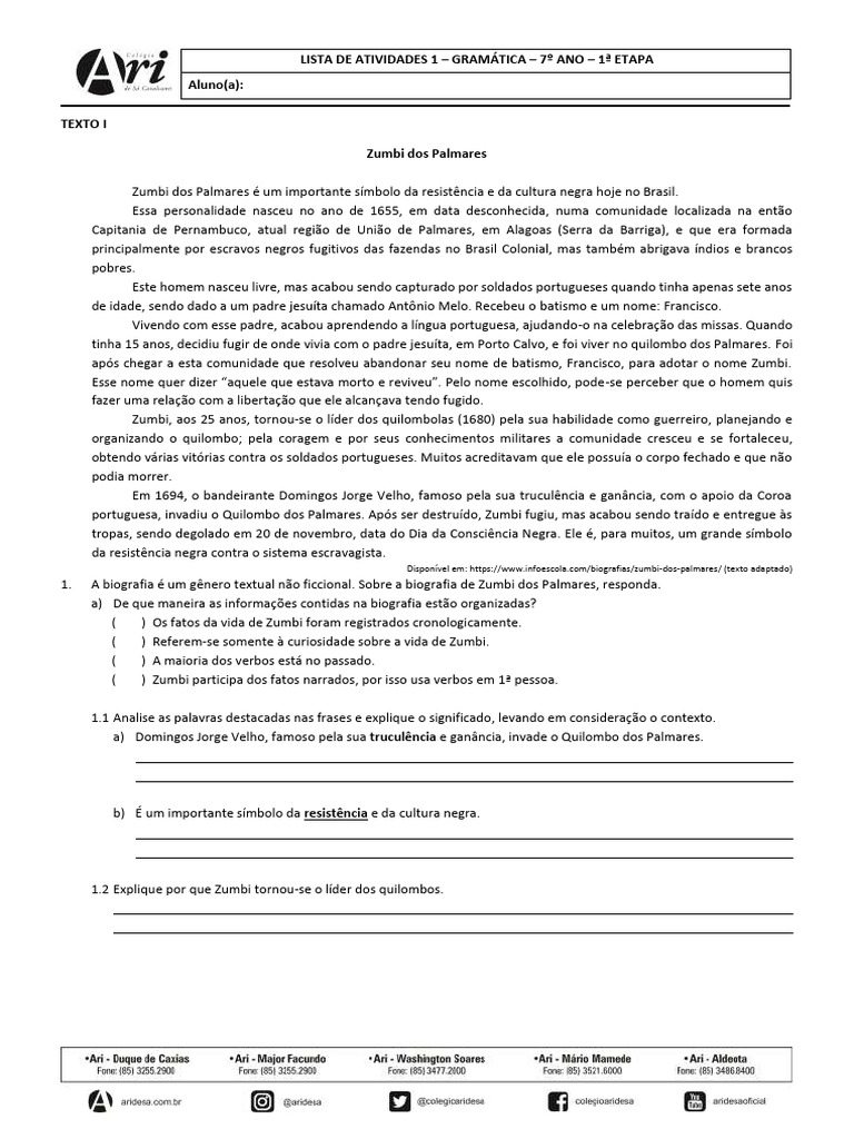 Lista de Atividades 2 Gramatica 7o Ano | PDF