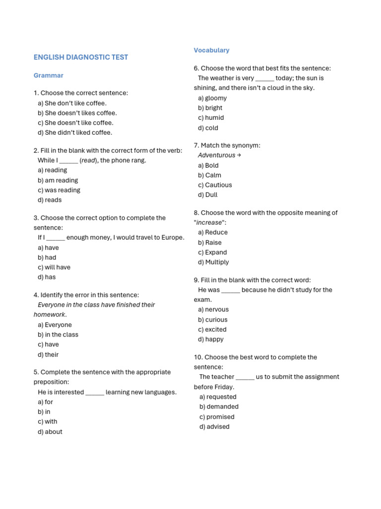 1 - English - Diagnostic - Test | PDF | Linguistics | Learning