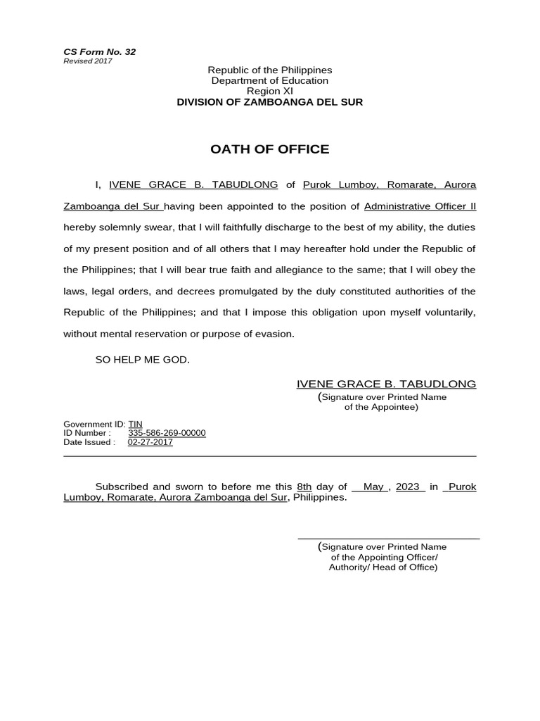 CS Form No. 32 Oath of Office 2 | PDF