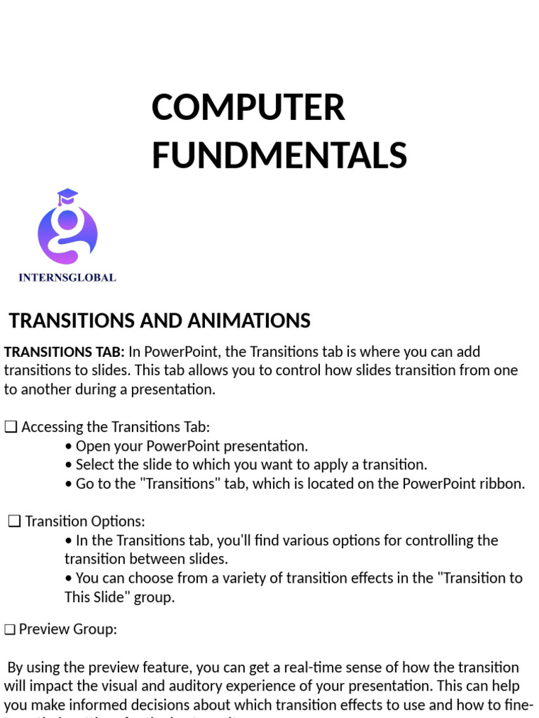 PowerPoint: Transitions vs. Animations | PDF | Software