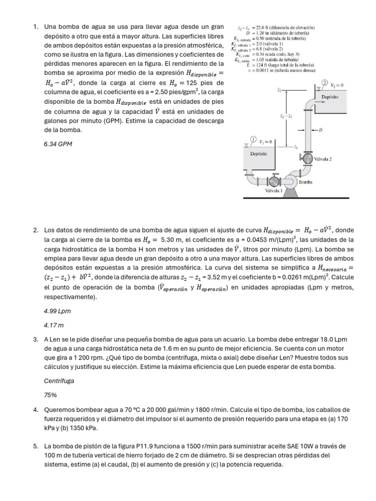 Hoja de Trabajo Bombas Hidraulicas | PDF | Bomba | Agua