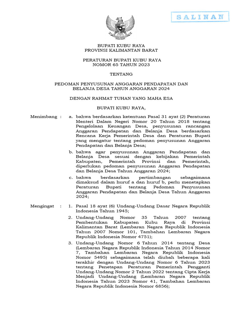 Salinan Perbup 65 Tahun 2023 Ttg Pedoman Penyusunan Apbdes 2024 | PDF