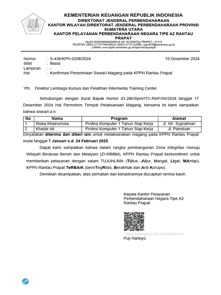 Konfirmasi Magang KPPN Rantau Prapat | PDF