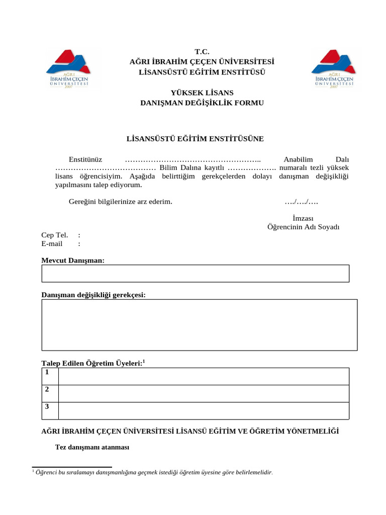 Yüksek Lisans Danışman Değişiklik Formu Kopyası | PDF