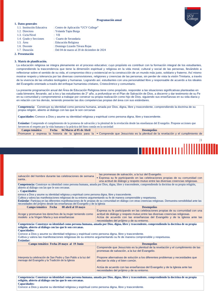 Programacion Anual de Cuarto Secundaria 2024 | PDF | Fe | Dios