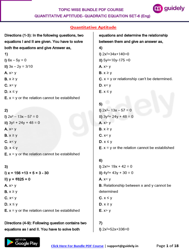 Quadratic Equation | PDF | Equations | Algebra