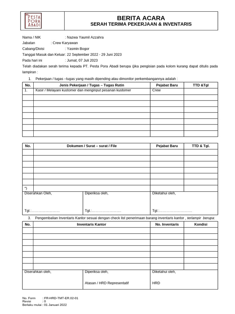 Form Ba Serah Terima Pekerjaan | PDF