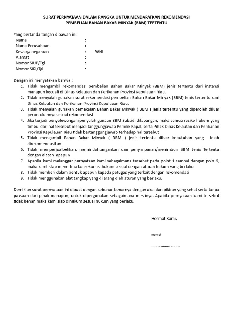 Contoh FORM PERNYATAAN BBM | PDF
