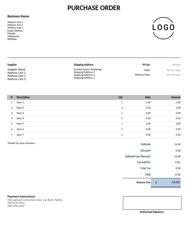 Purchase Order Template Example | PDF | Payments