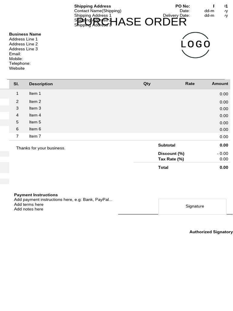 Purchase Order Template Sample | PDF