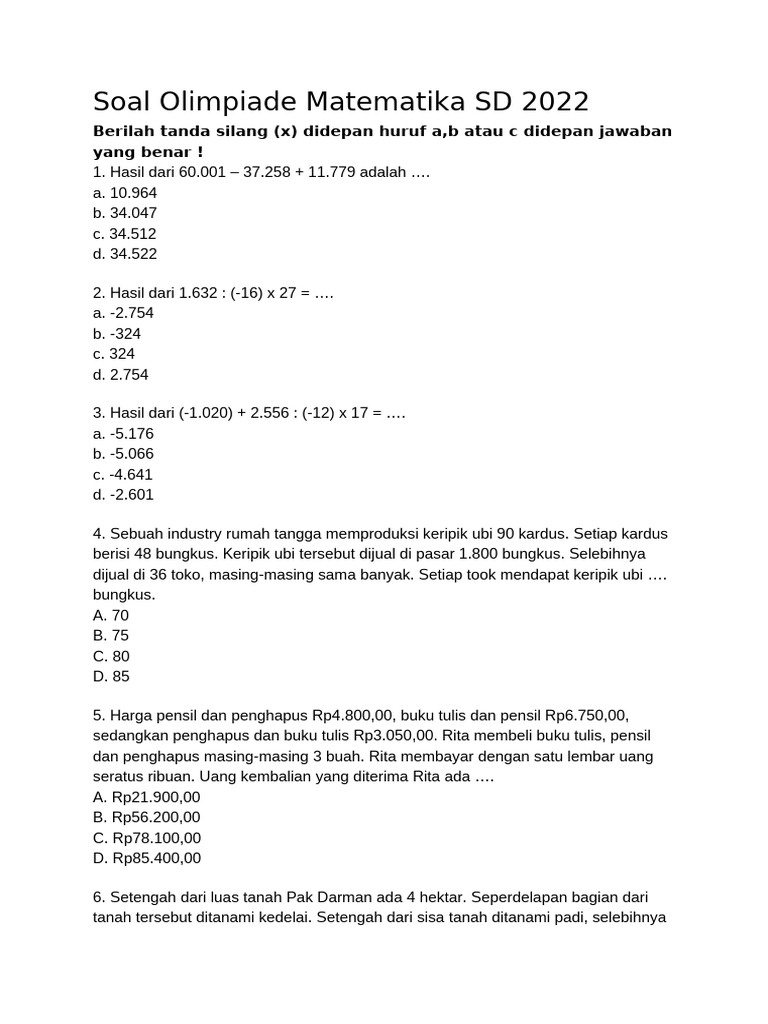 Soal Olimpiade Matematika SD 2022 | PDF