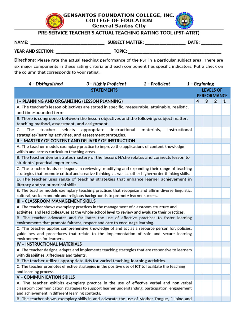 Pre-Service Teacher Evaluation Tool | PDF | Teachers | Learning