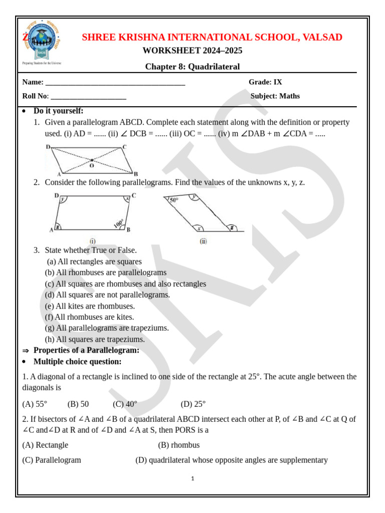Maths Class 9 Worksheet Chap 8 Quadrilateral | PDF | Rectangle | Perpendicular