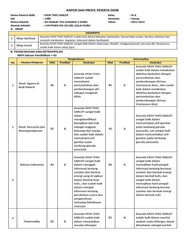RAPOR DAN PROFIL PESERTA DIDIk80 | PDF