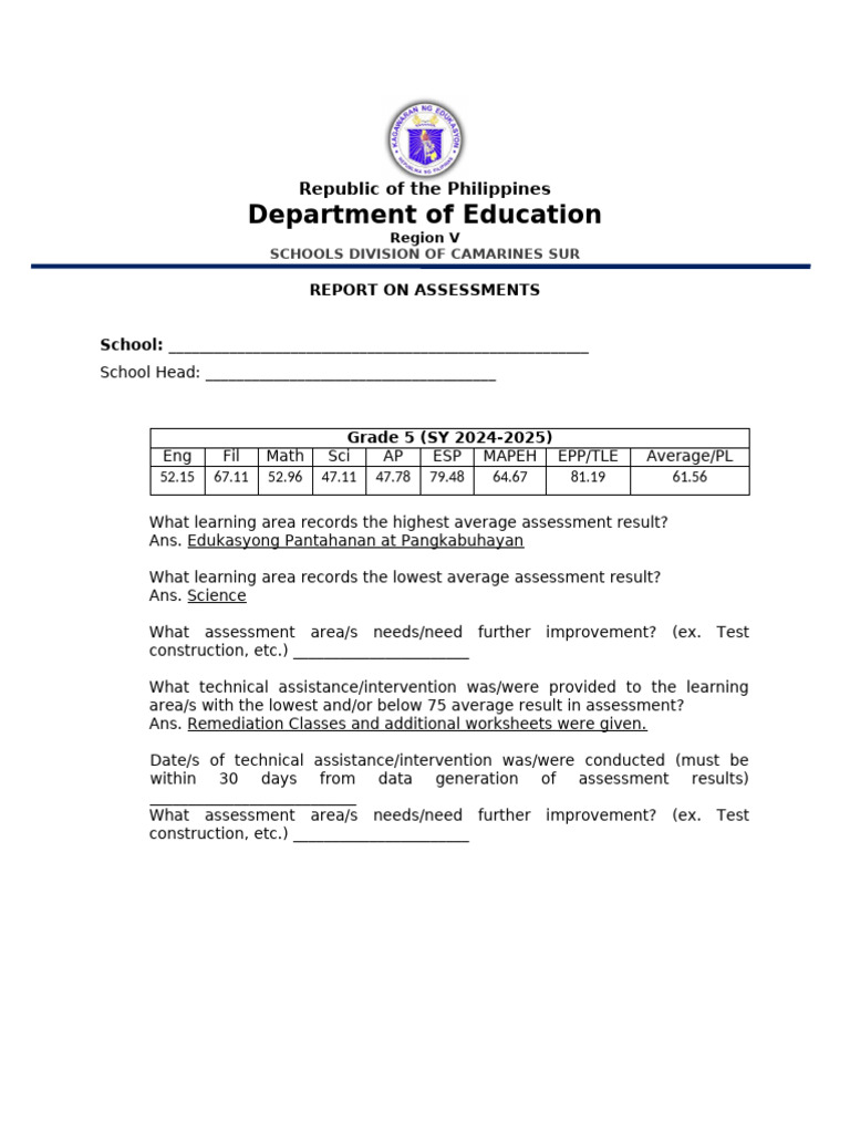Grade 5 Assessment Results 2025 | PDF